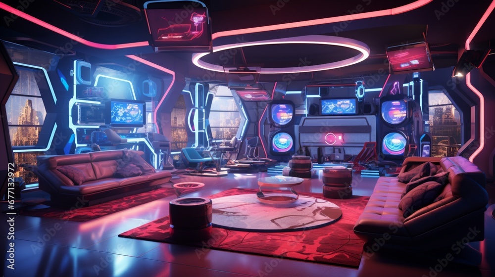 A high-tech gaming room with RGB lighting, gaming pods, and virtual ...