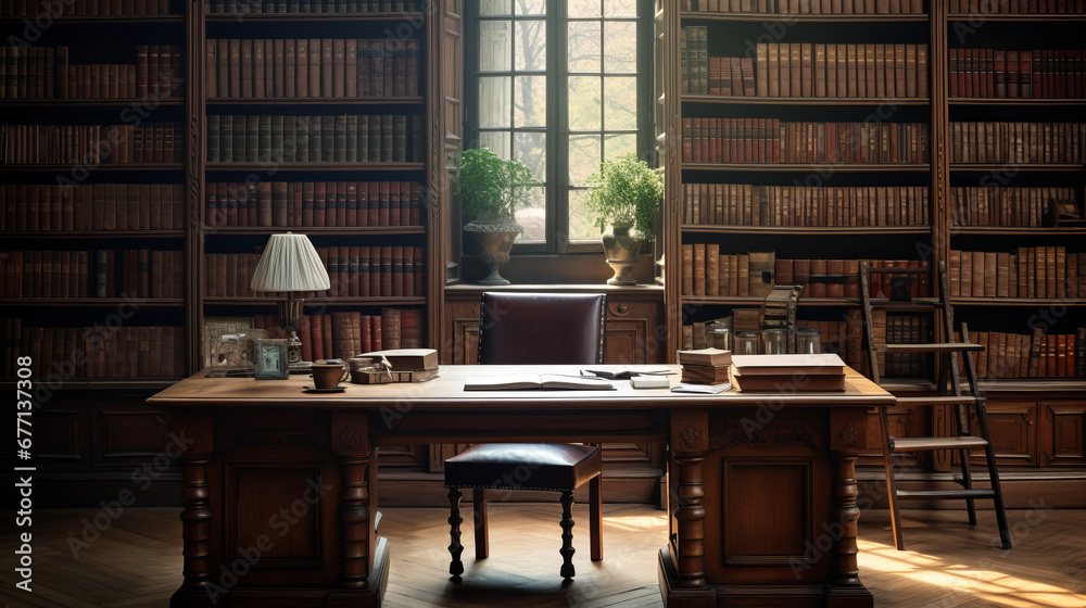 a traditional study room with a large wooden desk and a comfortable ...