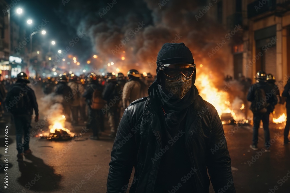 People in black masks are setting fires and riots in the night city ...