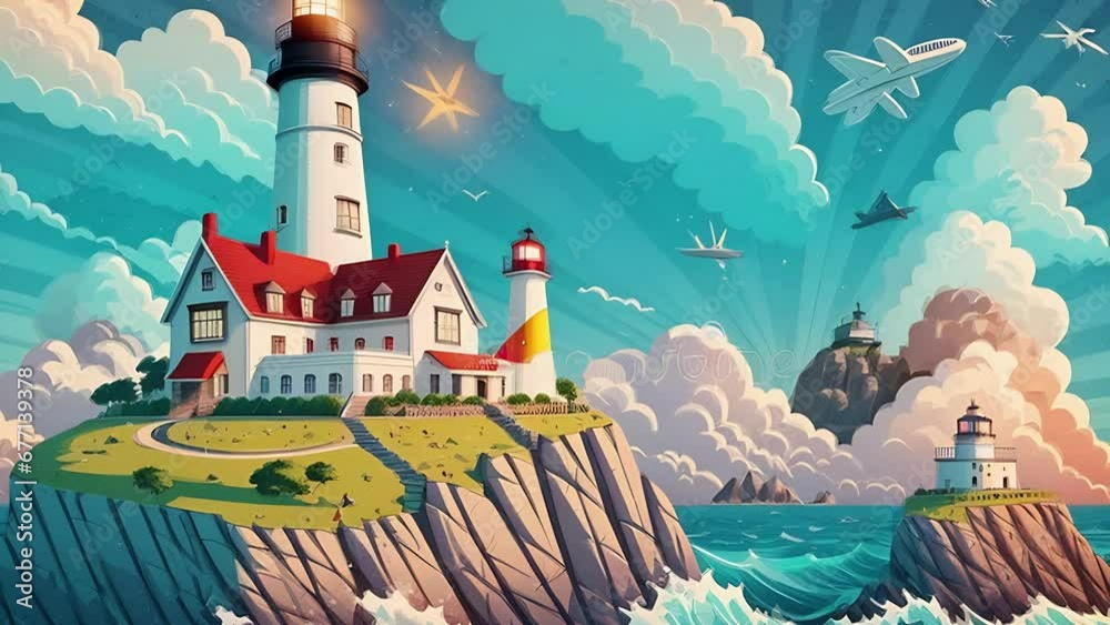 Lighthouse on the island in anime style. High lighthouse, mountains ...