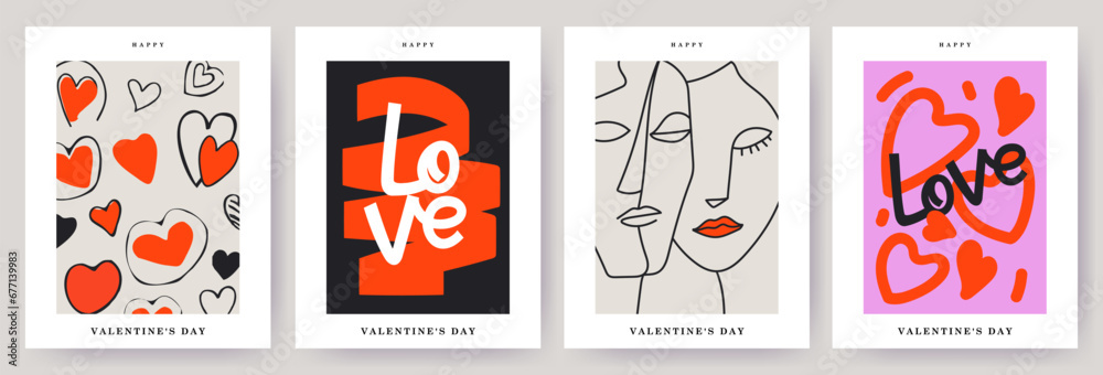 Creative concept of Happy Valentines Day card set. Modern abstract line ...