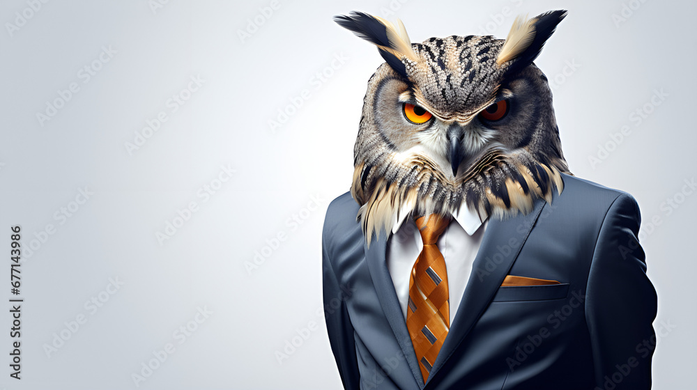 Isolated portrait of an owl in a man's body wearing a suit and tie,A ...