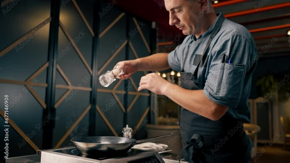 Close-up of a chef with a salt mill in his hands salting a patty on a ...