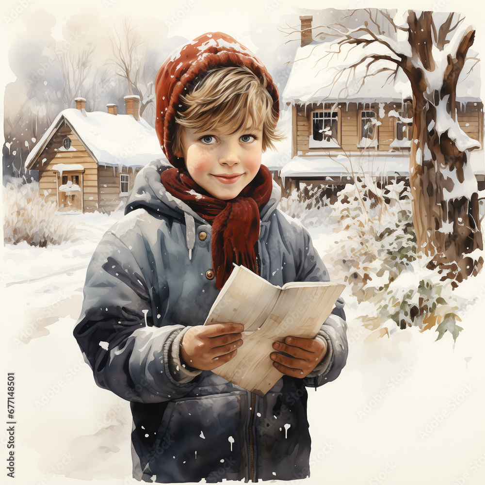 Snowy Letter Delivery: On a clean white background, a charming ...