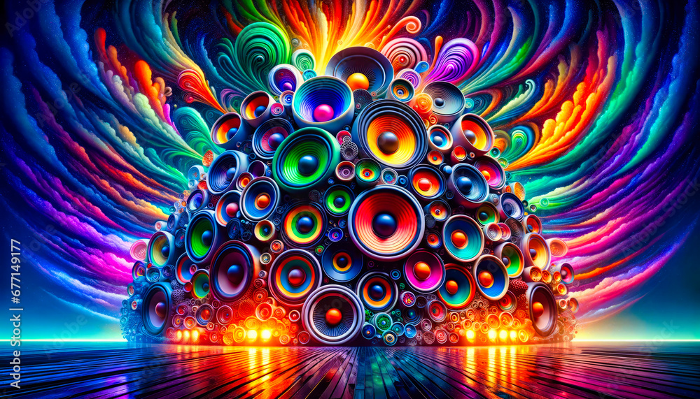 Vibrant image showcasing an array of colorful audio speakers creating a ...