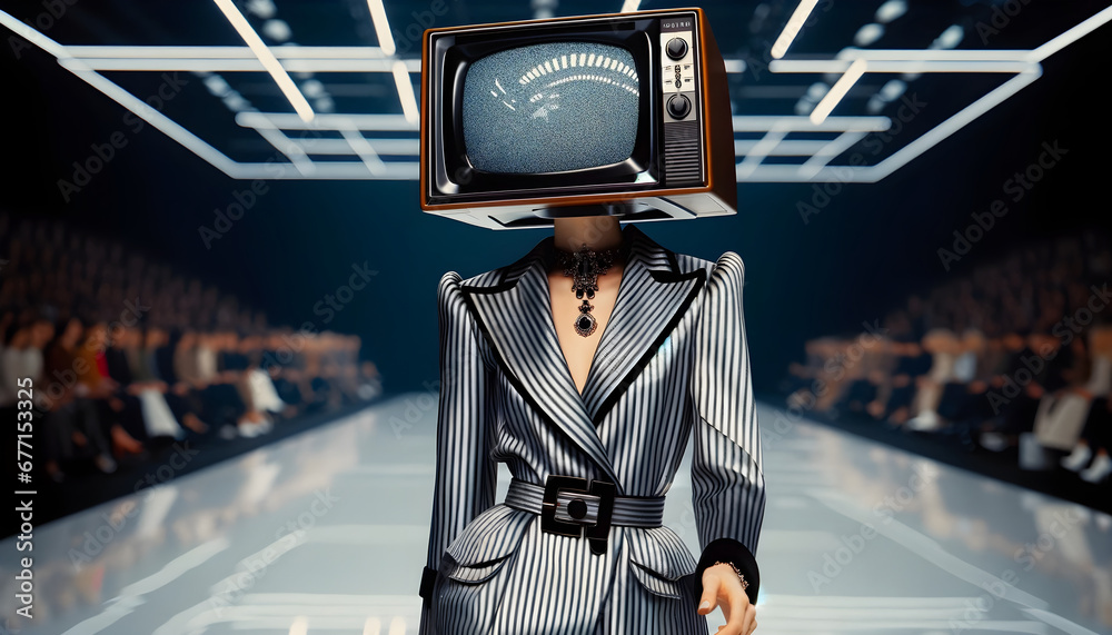A high-fashion female model with a television for a head, Tv head ...