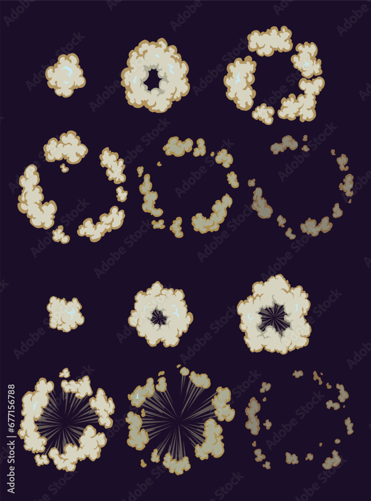 Explosion animation set. Cartoon burst effect of vector comic boom and ...