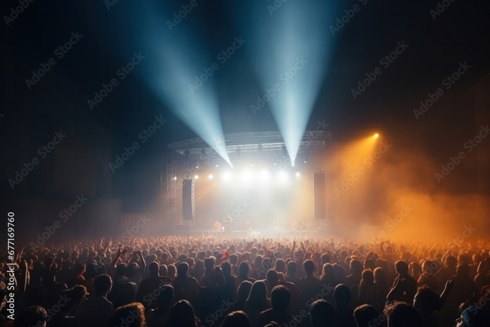 The contrast of cool blue and warm orange stage lights envelops a ...