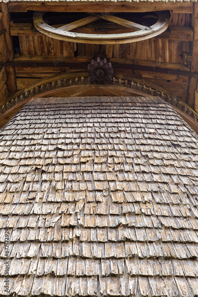 Wood chip wall of an ancient flour mill, bottom view showing the ...