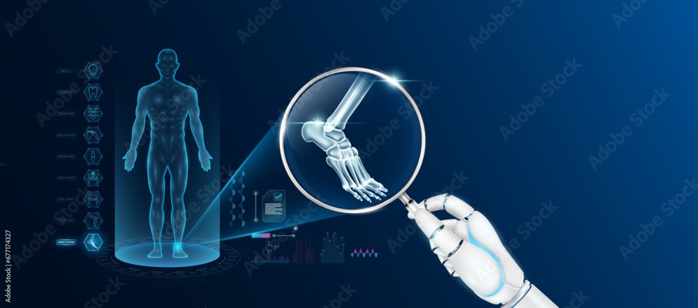 Fotografía Doctor robot hand holding magnifying glass looking ankle bone analysis diagnosis with ...