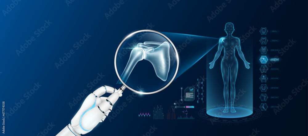 Doctor robot hand holding magnifying glass looking shoulder analysis ...