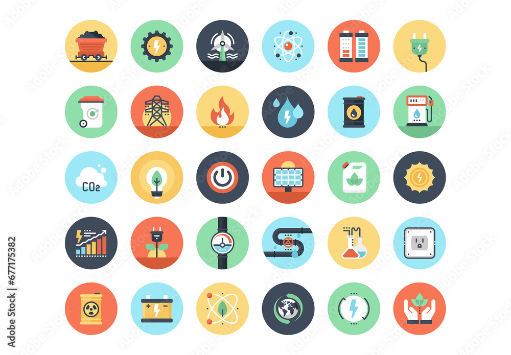 Vector set of power and energy flat web icons. Each icon neatly ...