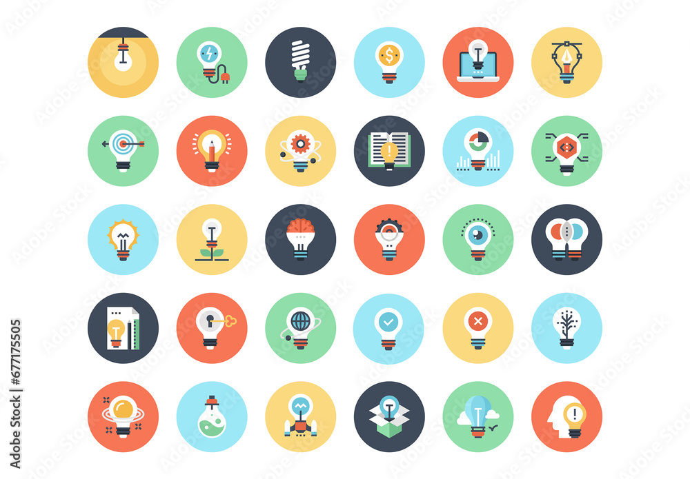 Vector set of light bulbs flat line web icons. Each icon with ...