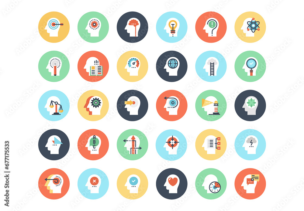 Vector set of thinking and brain process flat line web icons. Each icon ...