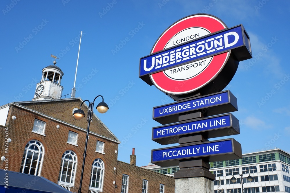 London Underground roundel sign at Uxbridge Station with signs for the ...