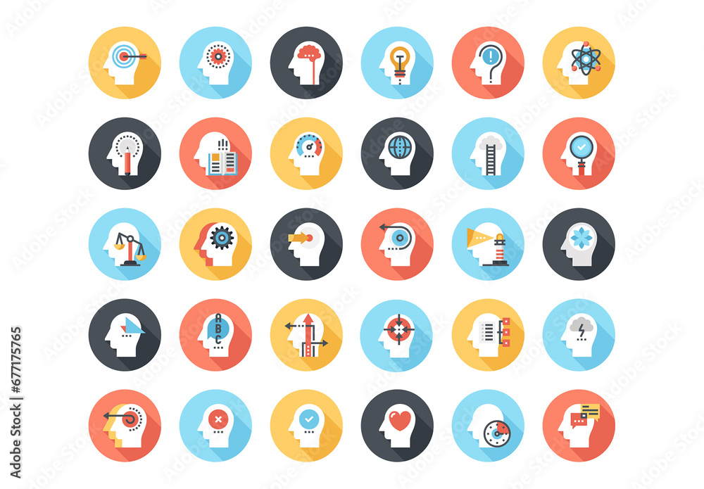 Abstract vector set of colorful flat thinking and brain process icons ...