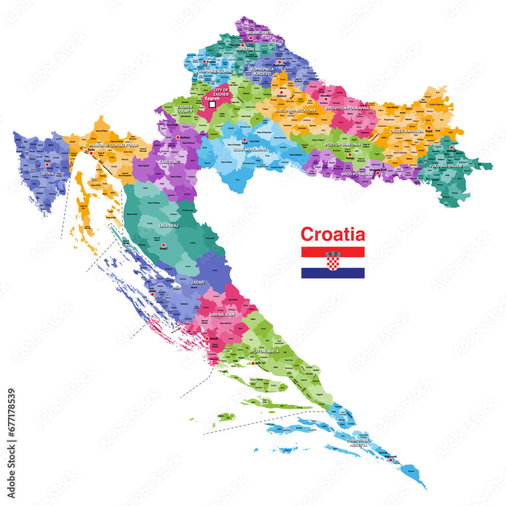 Croatia administrative divisions detailed vector isolated colorful map ...