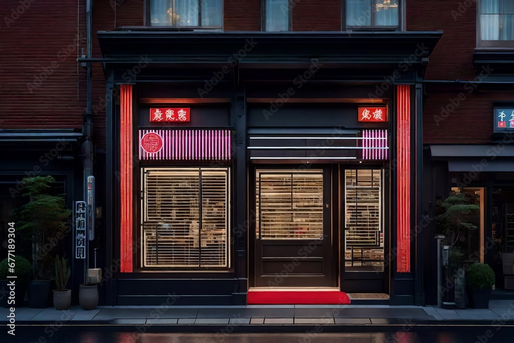retro futuristic japanese storefront facade , neon glow ensigns ...