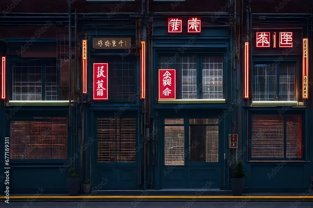 retro futuristic japanese storefront facade , neon glow ensigns ...