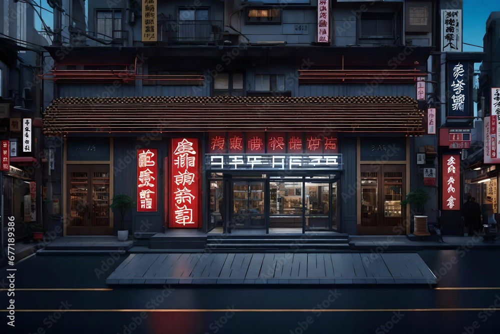 retro futuristic japanese storefront facade , neon glow ensigns ...