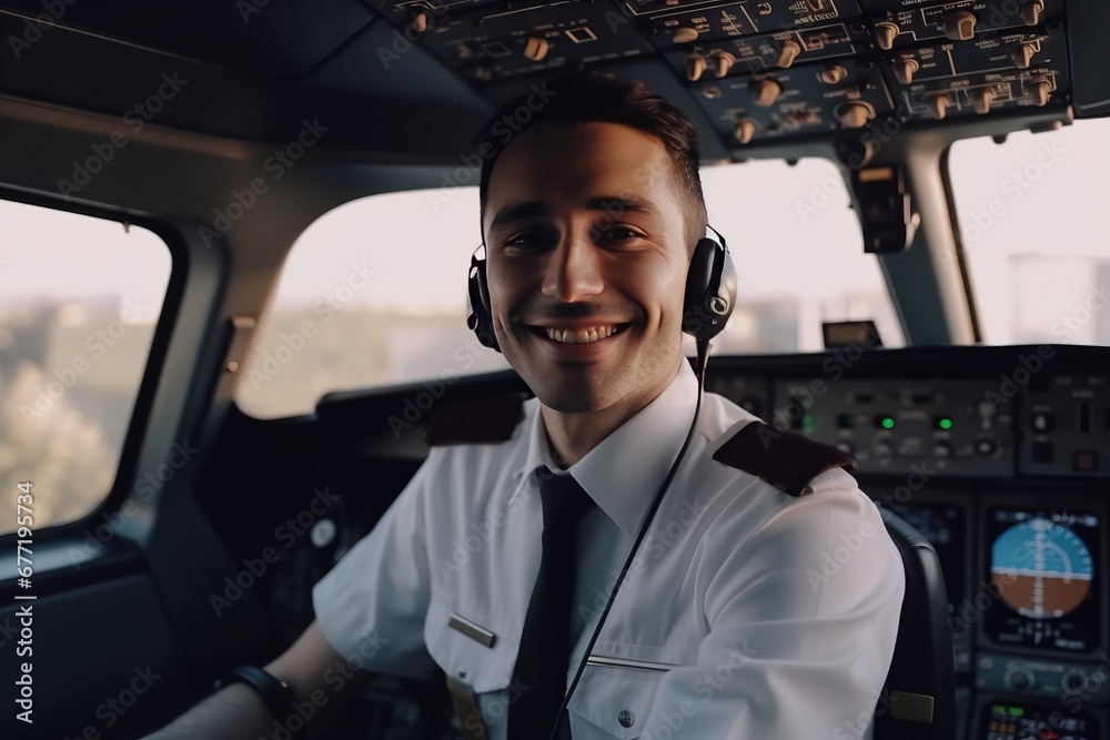 A captain pilot in uniform smiles in the cockpit of a passenger ...