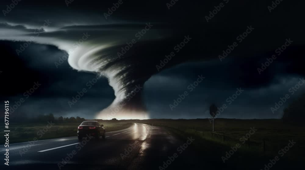 Giant tornadoes are seen during bad weather, flashes of lightning in ...