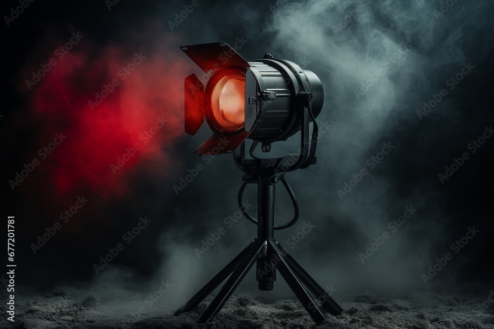 Dramatic red spot light shining on a fog filled stage, creating an ...