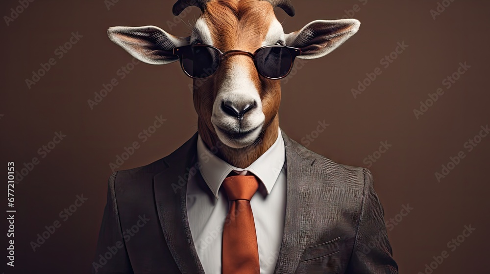 a goat wearing a suit and tie with sunglasses on it's head and wearing ...
