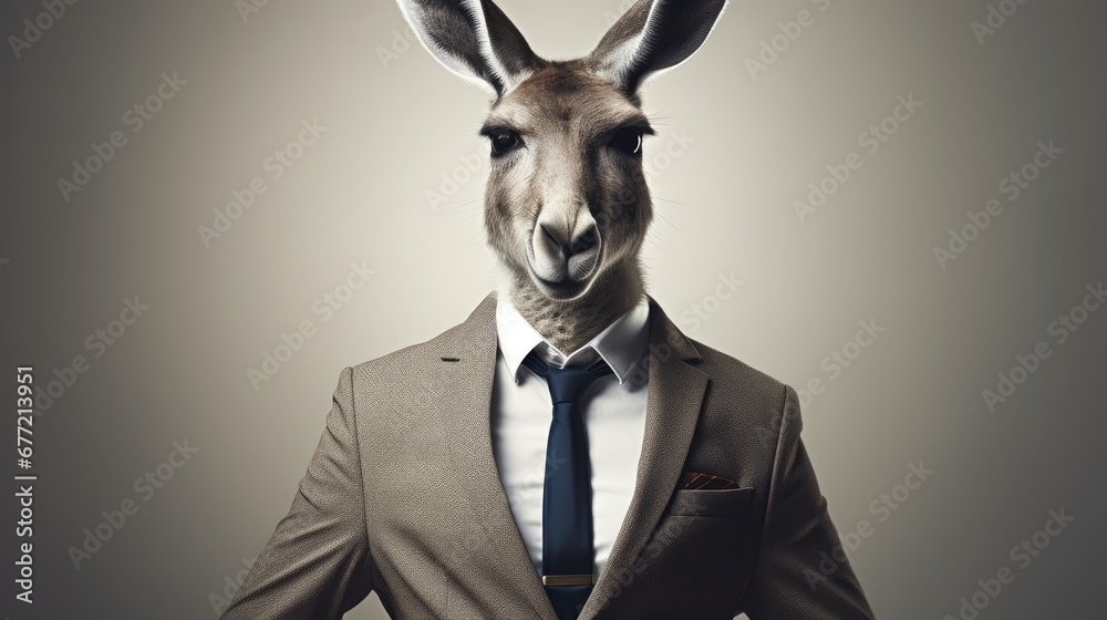 a man in a suit with a donkey's head on his face and a tie on his lapel ...