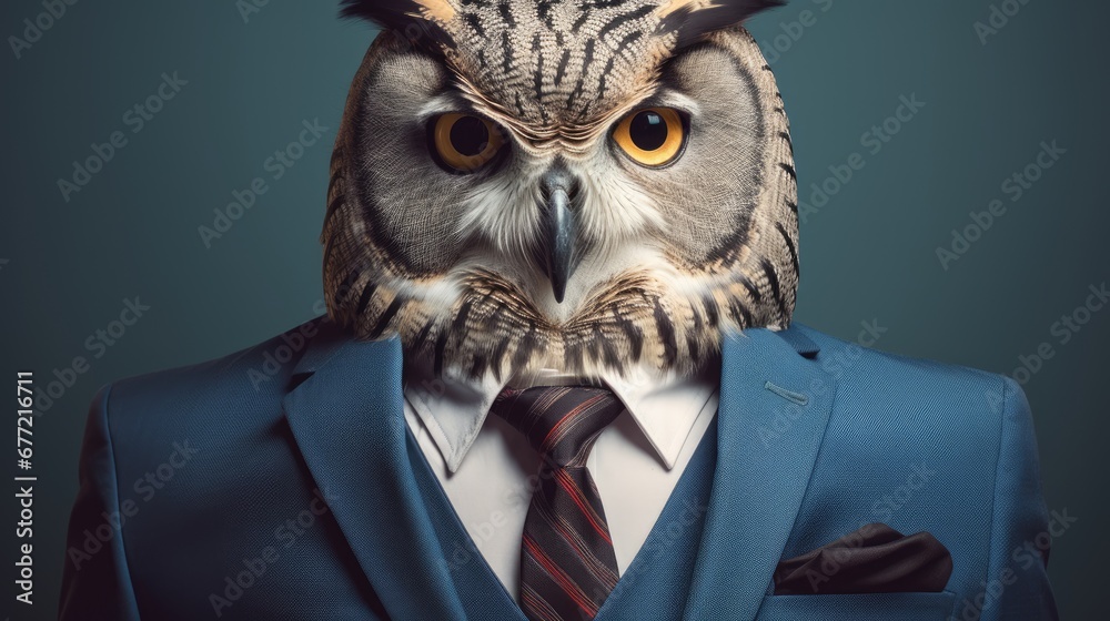 an owl in a suit and tie with an owl's head in the middle of his suit ...