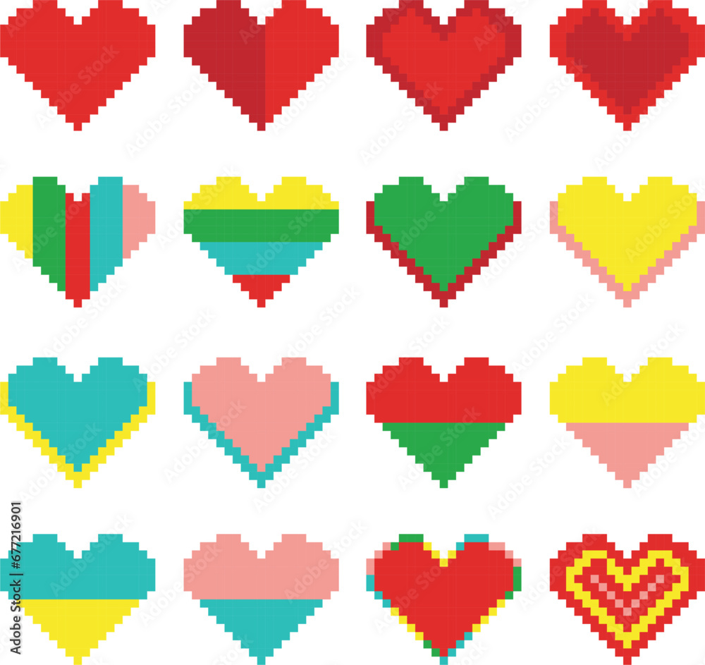colorfull cute pixel hearts and emoticon in love. Pixel art vector ...