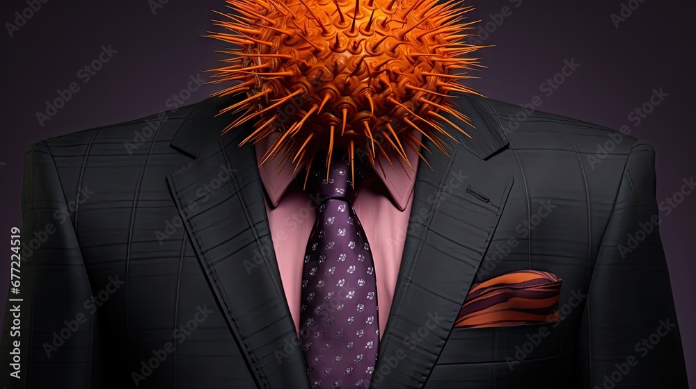 a man wearing a suit and tie with a spiky orange object on his head ...