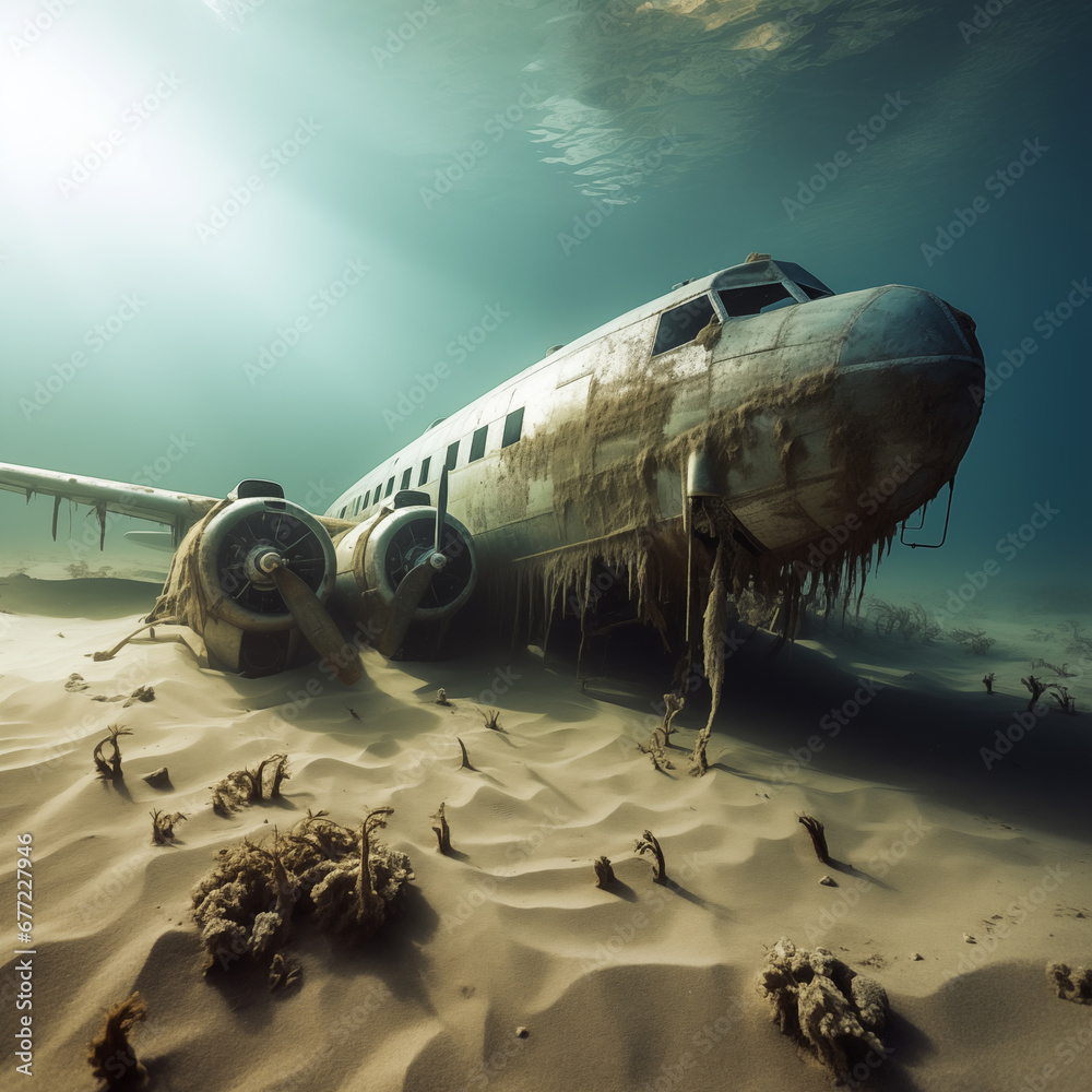 Underwater Airplane Wreckage Scene with Clear Ocean & Marine Life ...