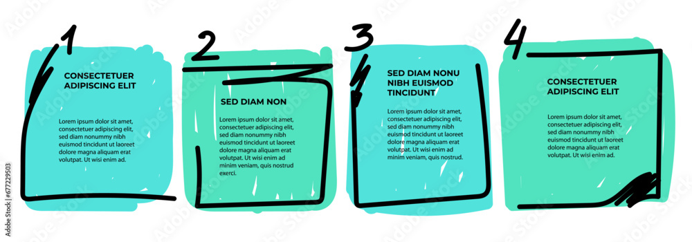 4 steps infographic with hand drawn text box. Step by step instruction. Empty way progress ...