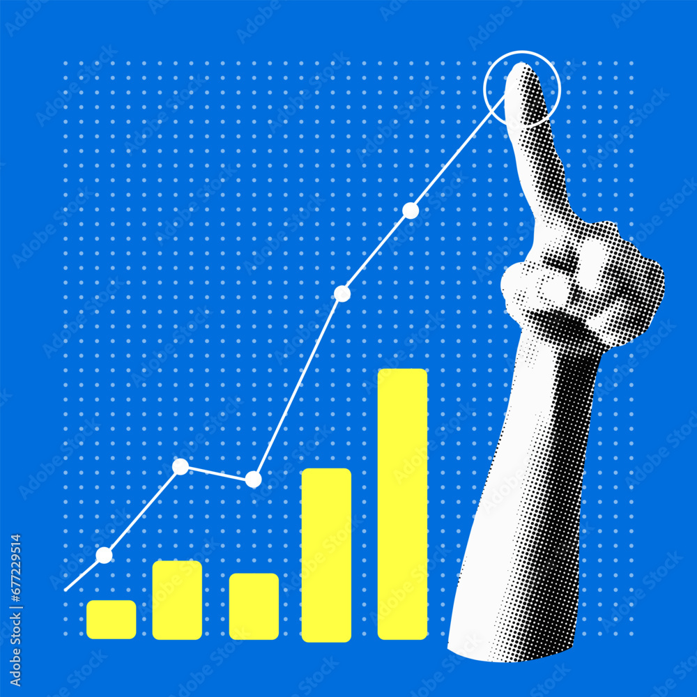 Data analytics concept. Halftone hand draws sales graph. Modern collage ...