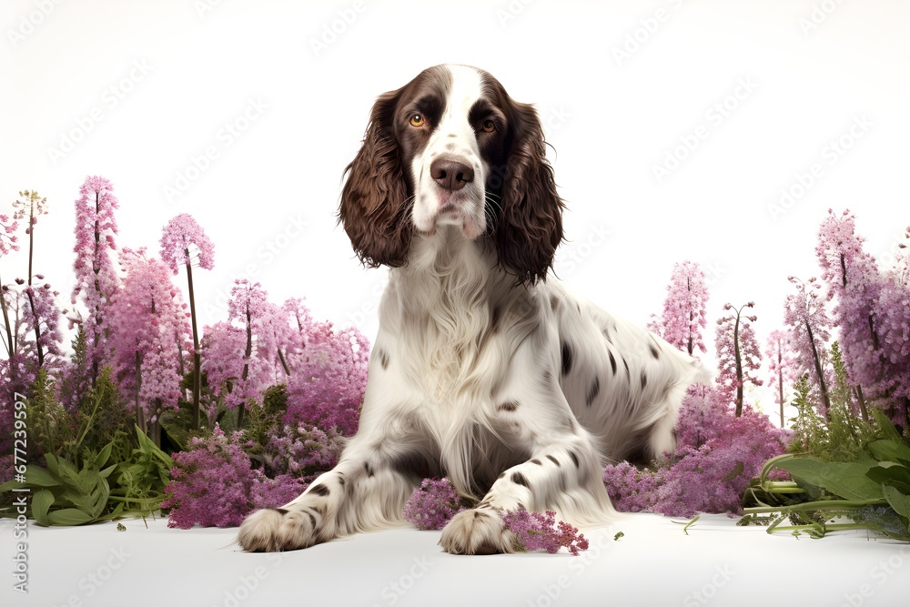 English Springer Spaniel Dog with Flowers Full Body Isolated ...