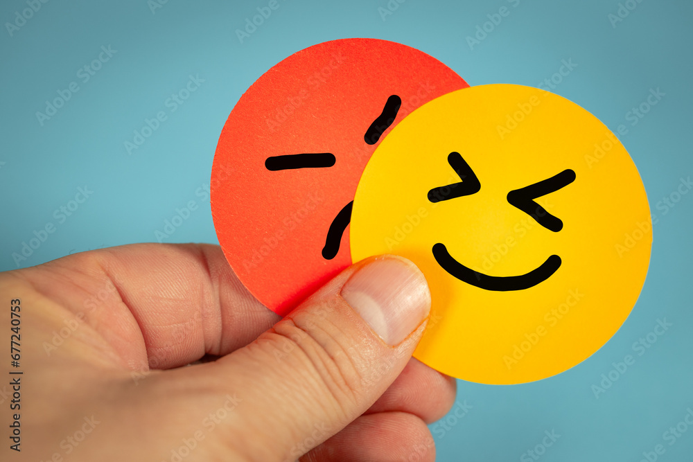 Angry and happy face, human emotions, hand painted facial expressions ...