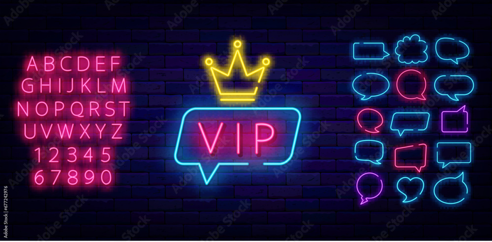 Vip neon emblem. Speech bubbles frames set. Very important person label ...