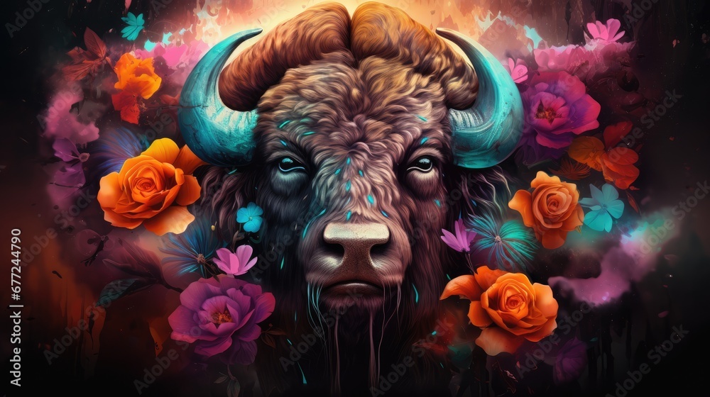 a painting of a bison with flowers on it's head and a red rose in the ...
