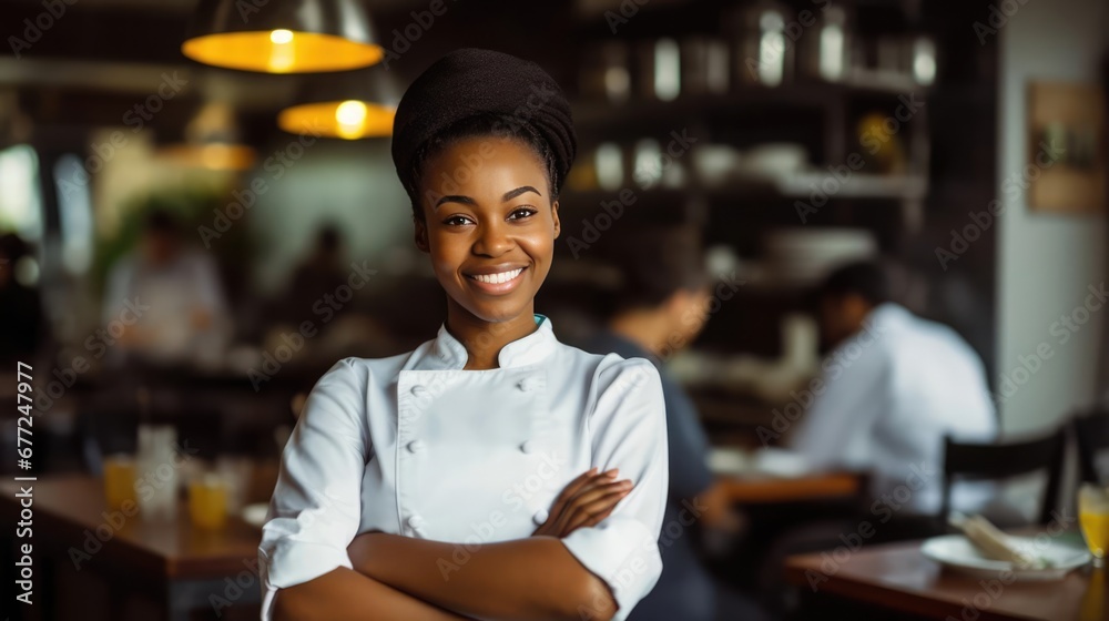 Smiling black female chef in her restaurant women and black owned ...