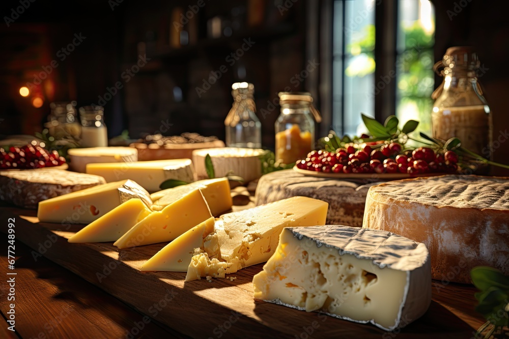 Private cheese shop. Many different types of cheese. Circles, halves ...