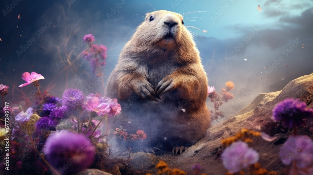 a groundhog standing on its hind legs in the middle of a field of ...