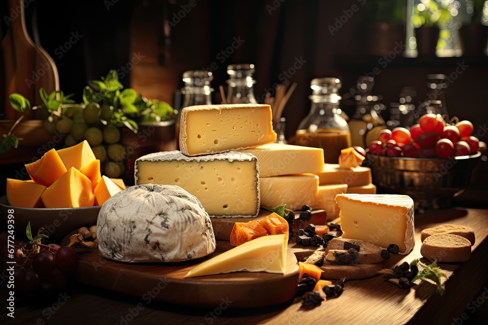 Private cheese shop. Many different types of cheese. Circles, halves ...