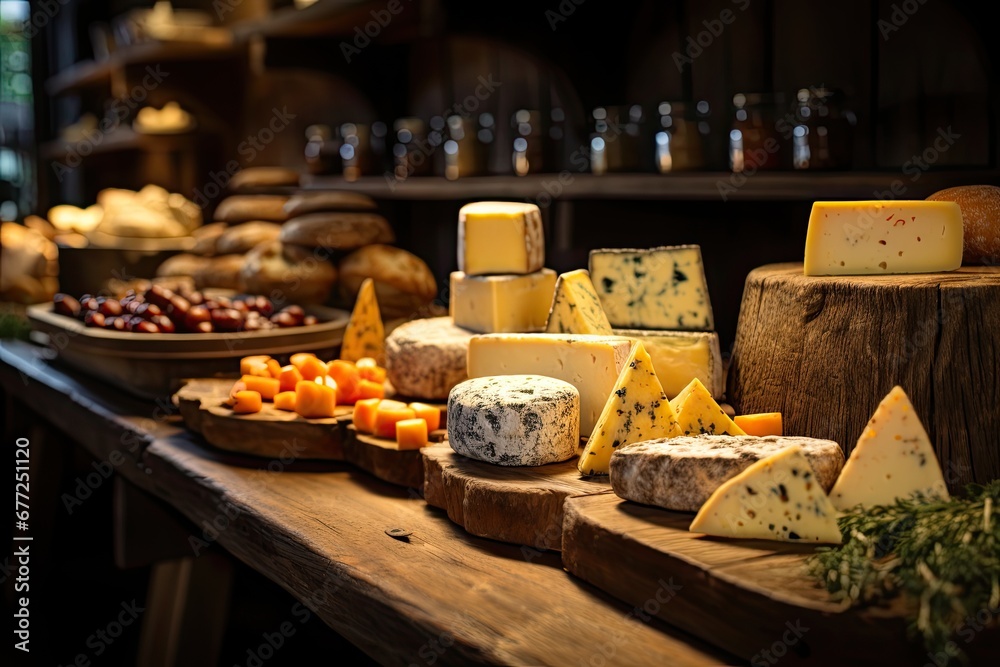 Private cheese shop. Many different types of cheese. Circles, halves ...