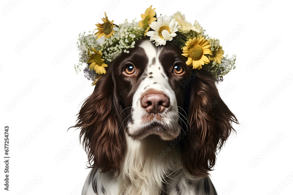 English Springer Spaniel Dog in a Flower Crown Full Body Isolated ...