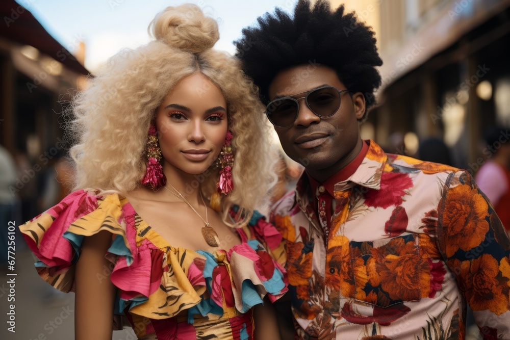 Cheerful multiethnic young couple in bright motley clothes posing ...