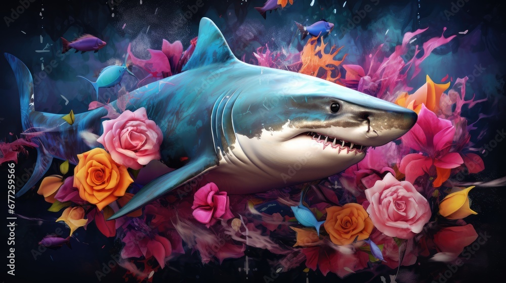 a painting of a great white shark surrounded by roses and other ...