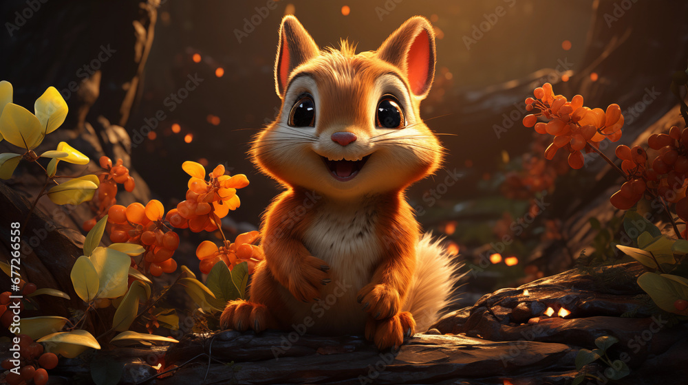 Esquilo fofo e feliz na floresta - ilustração infantil 3d Stock ...