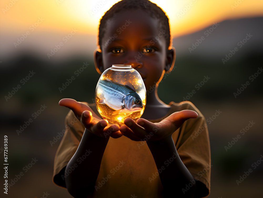 Kid holding a glass jar of Omega 3 fish oil at the sunset. Omega 3 for ...