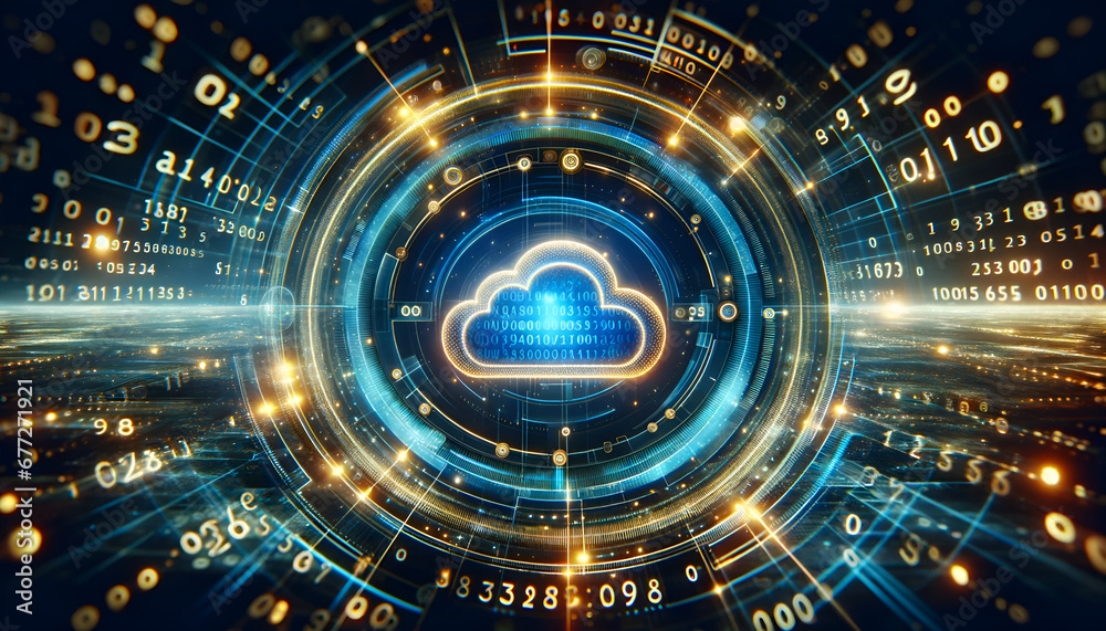 Digital informational technology web futuristic hologram with a cloud icon, blue and golden ...